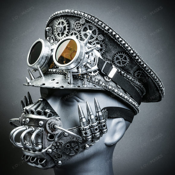 ILOVEMASKS | Accessories | Metallic Silver Steampunk Captain Cap W ...